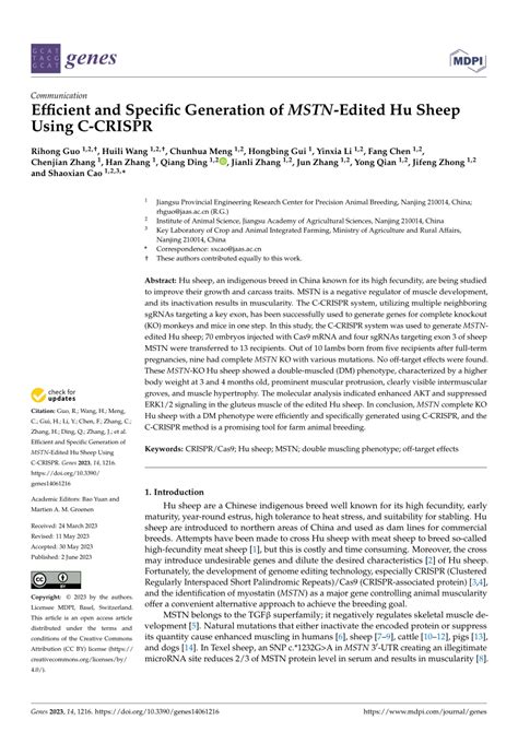 Pdf Efficient And Specific Generation Of Mstn Edited Hu Sheep Using C
