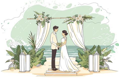 Asian Couple Getting Married In Vector Illustration Premium Ai