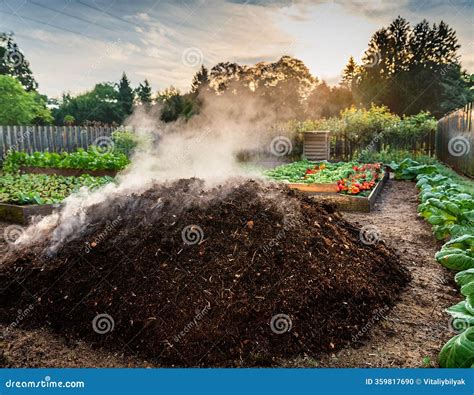 Steaming Compost Heap Providing Nourishment For A Large Organic Vegetable Garden Stock Image