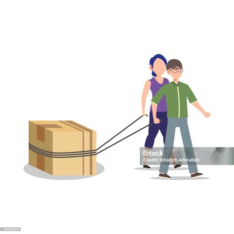 밧줄로 큰 상자를 당기는 젊은 부부의 만화 캐릭터 일러스트 흰색 배경에 격리 된 평면 디자인 개념에 대한 스톡 벡터 아트 및
