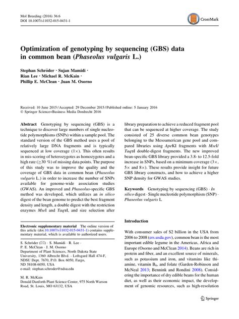 Optimization Of Genotyping By Sequencing Gbs Data In Common Bean Phaseolus Vulgaris L Pdf