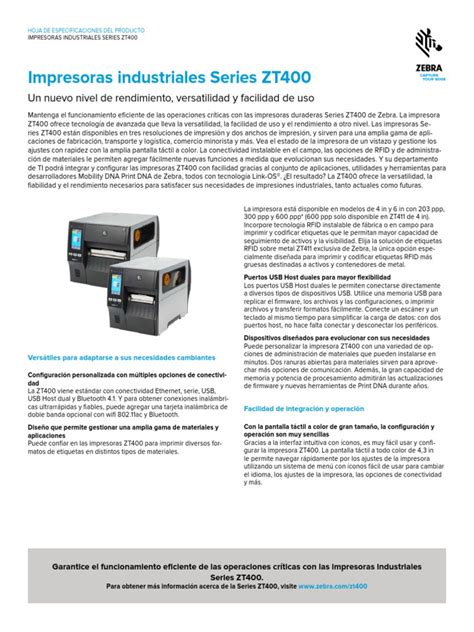 Zt400 Series Spec Sheet Es La Pdf Impresora Computación Identificación De Frecuencia De