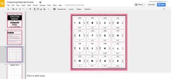 Simplifying Radicals Puzzle DIGITAL VERSION For Google Slides