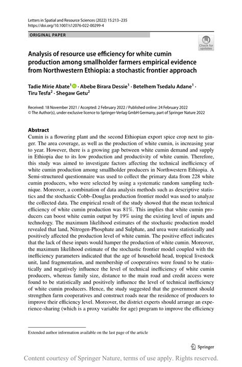 Analysis Of Resource Use Efficiency For White Cumin Production Among Smallholder Farmers