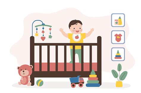 귀여운 아기가 아기 침대에 서 있다 신생아는 서서 첫 걸음을 내딛는 법을 배우고 있습니다 작은 아이는 세계를 배워 관심을 필요로 합니다 어린이 방의 내부 아기 침대에 대한