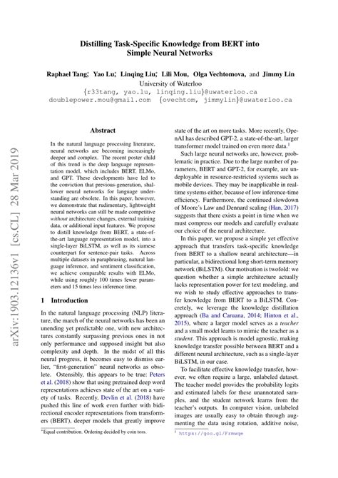 Pdf Distilling Task Specific Knowledge From Bert Into Simple Neural