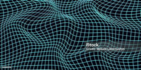 추상 왜곡 된 와이어 프레임 파 벡터 곡선 표면 배경입니다 기술 그리드 패턴 파란색 메쉬 웨이브 가상현실에 대한 스톡 벡터 아트