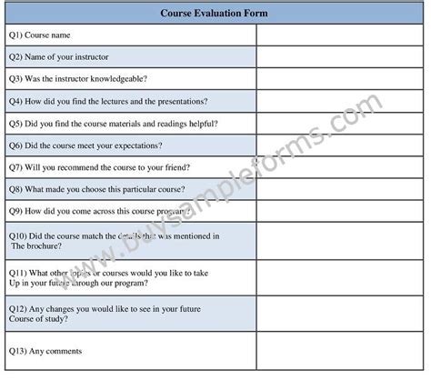 Printable Course Evaluation Form Template Example