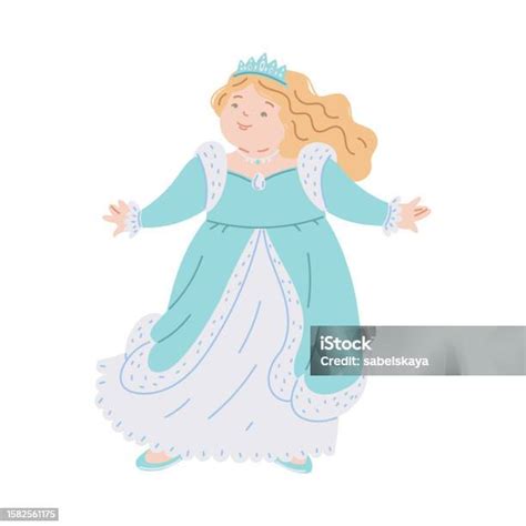 왕관과 보석이 있는 파란 드레스를 입은 금발의 공주 낭만적인 젊은 뚱뚱한 작은 여왕 벡터 다민족 패션 소녀 가공의 인물에 대한 스톡 벡터 아트 및 기타 이미지 Istock