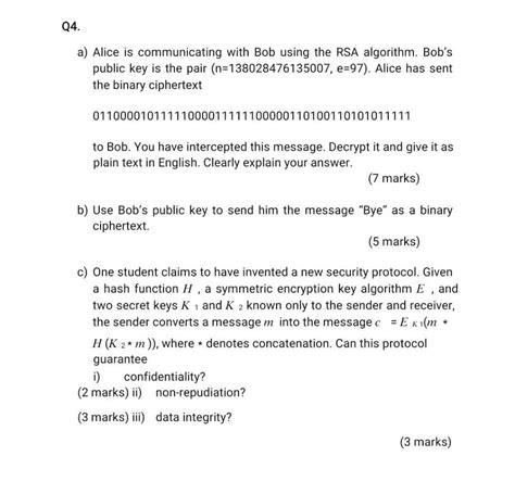 solved q4 a alice is communicating with bob using the rsa