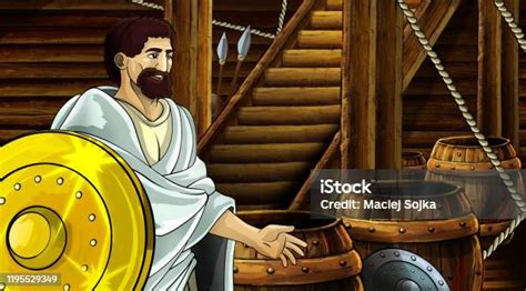황금 방패와 나무 선박 챔버 내부 로마 또는 그리스 고대 문자와 만화 장면 건축에 대한 스톡 벡터 아트 및 기타 이미지 건축 계단 및 층계 고대의 Istock