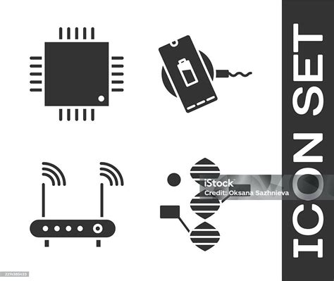 Set Dna Symbol Processor With Microcircuits Cpu Router And Wifi Signal