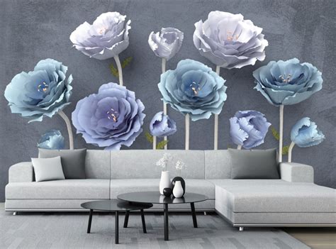 Blue Flowers Floral Wallpaper Wall Mural Bedroom Living Room Wall