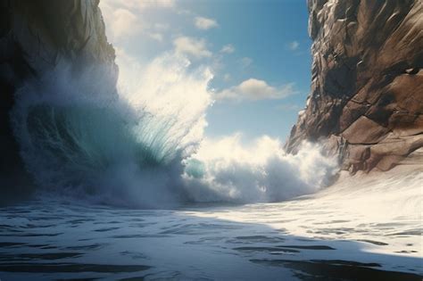 Premium AI Image Powerful Tidal Waves Crashing Against Towering Cli