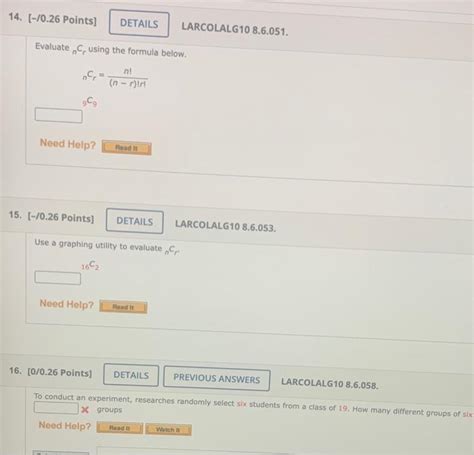 Solved Evaluate Ncr Using The Formula Below Ncr N−r ⋅1n
