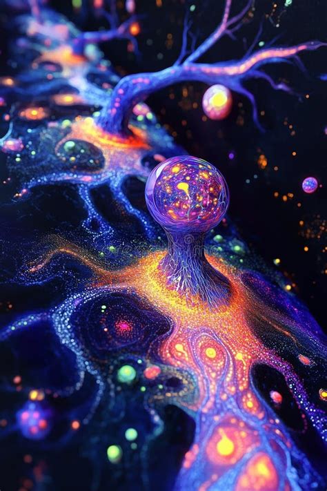 Soundwaves Emerging From Cells With Neuron Like Patterns And Fluorescent Tones Stock