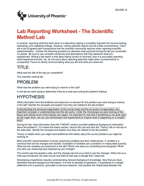 Scientific Methord Lab Report BIO V Lab Reporting Worksheet The Scientific Method Lab