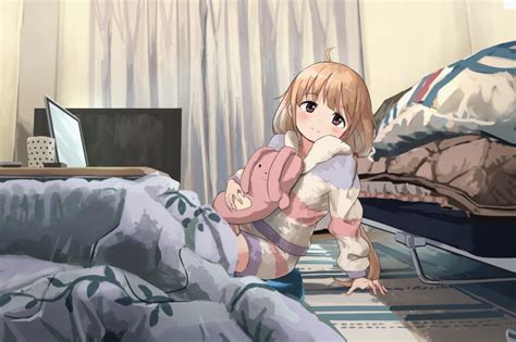 Safebooru 1girl Ahoge Arm Support Bangs Bed Blanket Blonde Hair Blunt