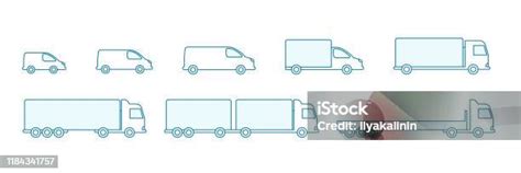 배달 트럭 크기 집합입니다 화물 운송 변형 옵션 배송 실루엣 인포그래픽 파란색 선 플랫 벡터 아이콘입니다 배달 자동차에 대한 스톡 벡터 아트 및 기타 이미지 Istock