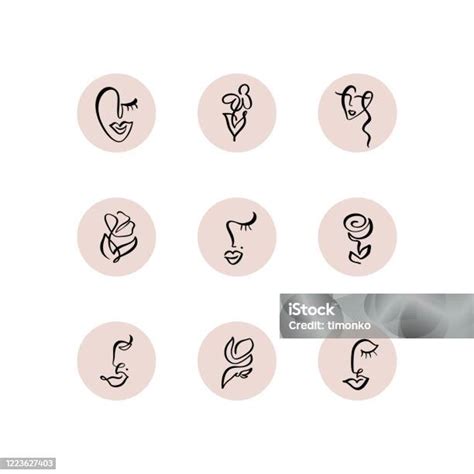 벡터 세트 디자인 화려한 템플릿 아이콘과 상징 소셜 미디어 이야기 하이라이트 꽃과 얼굴 트렌디 한 하나의 선형 스타일의 다른 블로거 아이콘 나무 기둥에 대한 스톡 벡터 아트