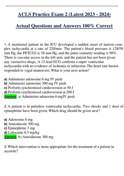 Acls Practice Exam 2 Latest 2024 2025 Actual Questions And Answers 100 Correct Acls