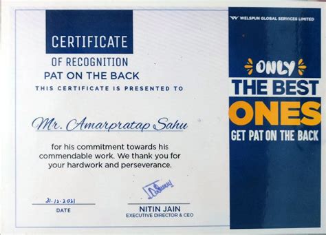 Amarpratap Sahu On Linkedin Pat On Back Certificate 2021