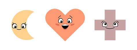 재미 있는 기하학 문자 고립된 귀여운 기하학적 모양 세트 벡터 미소 달과 속눈썹과 십자가 출구 표정과 심장 스티커 이모티콘 또는 이모티콘의 인물 가공의 인물에 대한 스톡