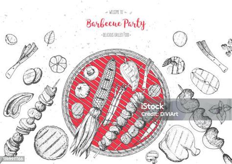 구운 고기와 야채 톱 뷰 프레임 벡터 일러스트입니다 새겨진 디자인 손으로 그린 그림입니다 그릴 레스토랑 메뉴 디자인 서식 파일입니다 그릴에 음식 개체 그룹에 대한 스톡 벡터