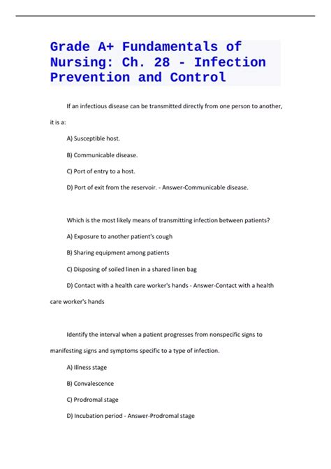 Grade A Fundamentals Of Nursing Ch 28 Infection Prevention And Control Fundamentals Of