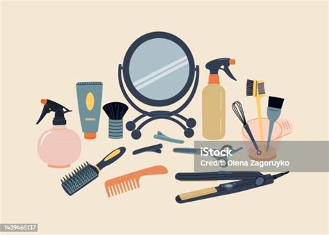 미용 액세서리 세트입니다 거울 헤어 브러시 가위 교정기 및 이발소를위한 다양한 전문 도구 0명에 대한 스톡 벡터 아트 및 기타 이미지 Istock
