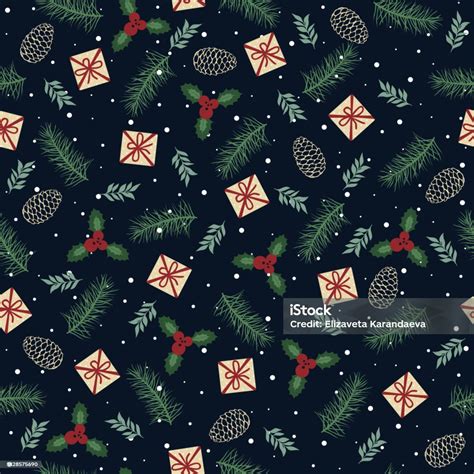 메리 크리스마스 새해 복 많이 받으세요 선물 전나무 콘 호랑가시나무 잎 및 인사말 카드 포장지를 위한 열매를 가진 이음새가 없는 본 원활한 겨울 패턴입니다 겨울에 대한 스톡