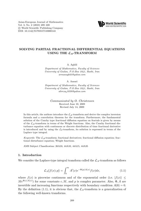 Pdf Solving Partial Fractional Differential Equations Using The L A Transform
