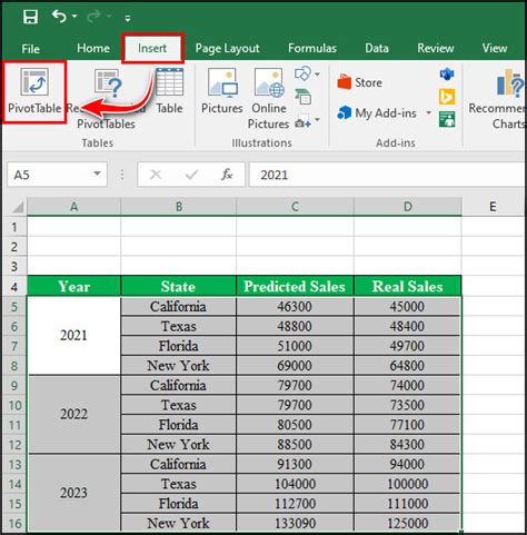 Excel Insert A Clustered Column Pivot Chart Steps