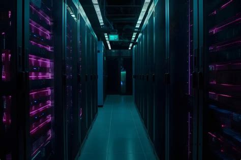 Premium Ai Image Data Center With Multiple Rows Of Fully Operational Servers In Cyanpurple