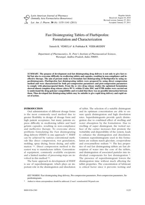 Pdf Fast Disintegrating Tablets Of Flurbiprofen Formulation And Characterization