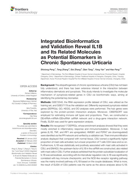 Pdf Integrated Bioinformatics And Validation Reveal Il1b And Its Related Molecules As