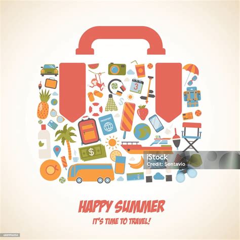 행복 한 여름 항해 관광 여행 휴가 개념 가방 모양 벡터를 형성합니다 전송 여권 보트 슈트 케이스 팜 비치 카메라 낙하산 파인애플 0명에 대한 스톡 벡터 아트 및 기타