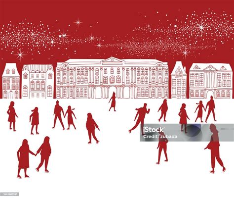 배경에 오래된 건축물이 있는 아이스 스케이트장 스케이트를 타는 사람들의 실루엣 아이스 스케이팅에 대한 스톡 벡터 아트 및 기타 이미지 아이스 스케이팅 일러스트레이션