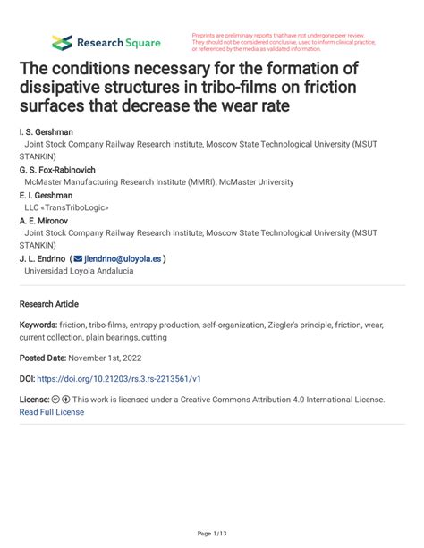 Pdf The Conditions Necessary For The Formation Of Dissipative Structures In Tribo Films On