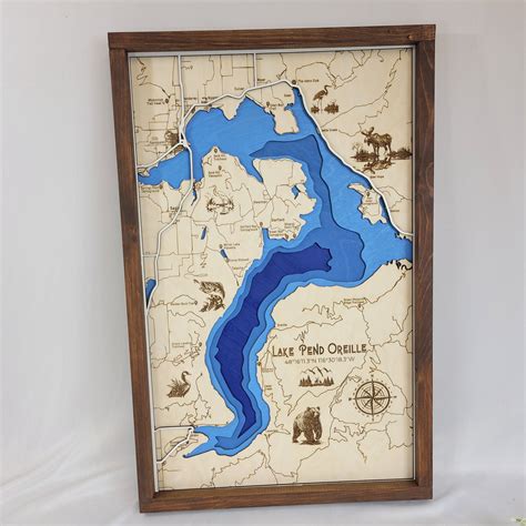 Lake Pend Oreille Laser Engraved Topo Map Tiny 3d Temples