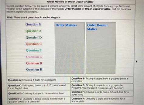 Solved Order Matters Or Order Doesn T Matter In Each Chegg