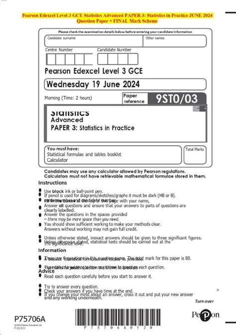 Pearson Edexcel Level 3 Gce Statistics Advanced Paper 3 Statistics In Practice June 2024