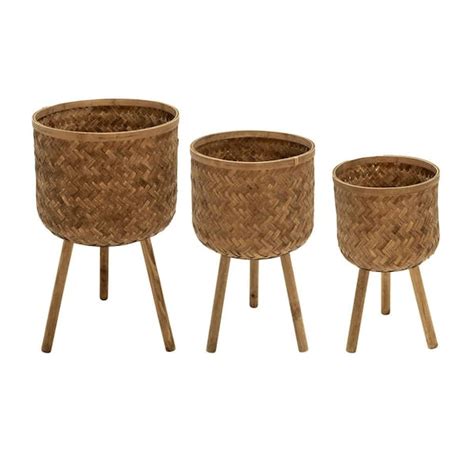 Zeus And Ruta Brown Bamboo Round Outdoor Planters For Garden Pool Area