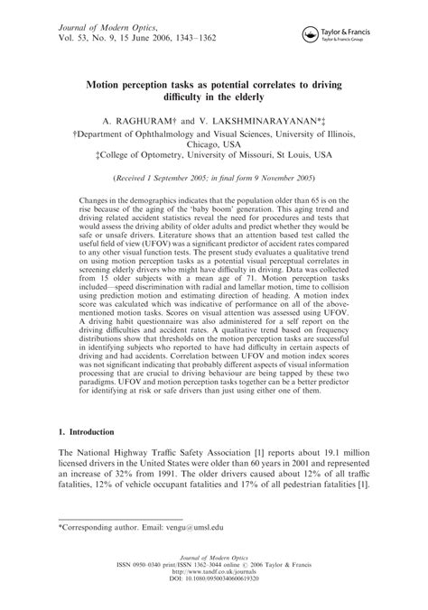 Pdf Motion Perception Tasks As Potential Correlates To Driving