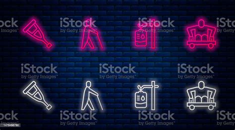 세트 라인 맹인 인간 지주 스틱 Iv 가방 목발 또는 목발 다리가 없는 남자는 휠체어에 앉아 있습니다 벽돌 벽에 빛나는 네온 아이콘입니다 벡터 가방에 대한 스톡 벡터 아트