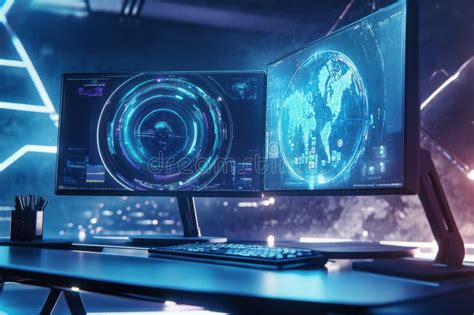 High Tech Workspace Featuring Dual Monitors Displaying Digital Maps And Data Analysis Stock