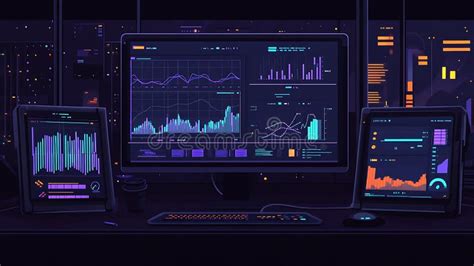 Dark Workstation Displays Financial Data Analysis Graphs Stock
