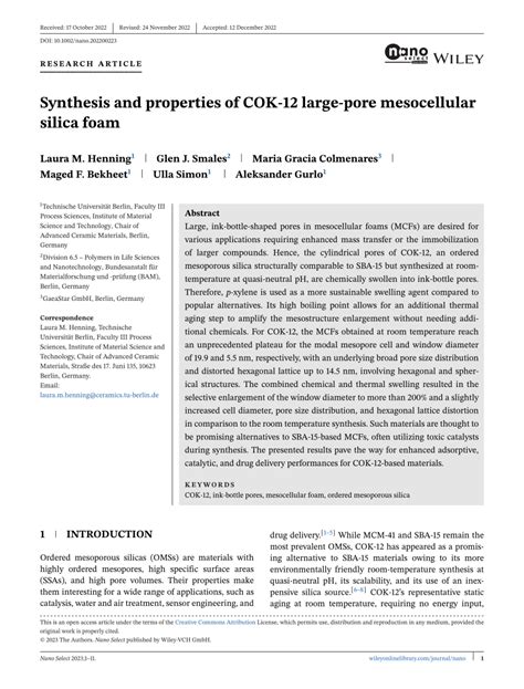Pdf Synthesis And Properties Of Cok‐12 Large‐pore Mesocellular Silica Foam