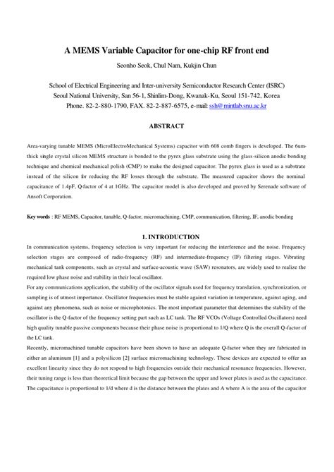Pdf A Mems Variable Capacitor For One Chip Rf Front End
