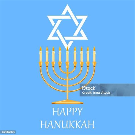 전통적인 유대인 메노라 촛불과 다윗의 별이있는 행복한 하누카 포스터 인사말 카드 배너 초대장 전단지 등을위한 벡터 템플릿